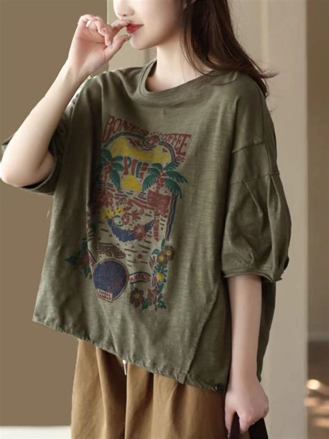 Cheap Johnature Women Vintage Print Floral T Shirts O Neck Short Sleeve