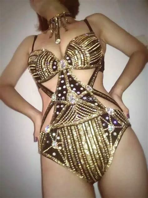 Black Gold Ab Crystal Glisten Rhinestone Leotard Women Sexy Party