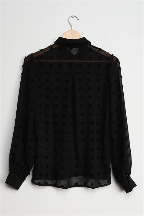 Chic Sheer Black Top Button Up Blouse Dotted Long Sleeve Top