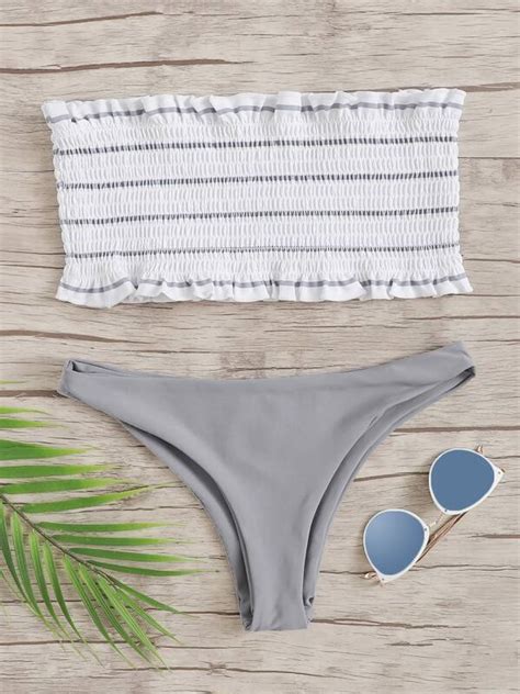 Shein Random Striped Frill Trim Shirred Bandeau Bikini Set Shein Usa