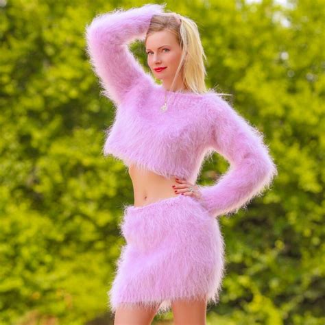 Cropped Mohair Sweater With Mini Skirt Hand Knitted Fuzzy Sexy Set