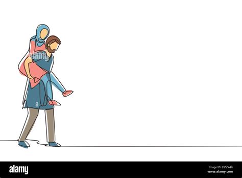 Continuous One Line Drawing Arabian Teenage Couple With Man Carrying