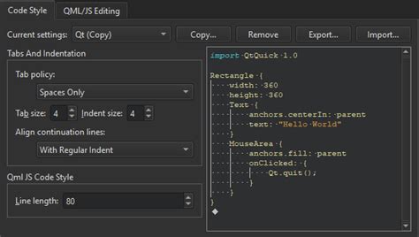 indenting text or code qt creator manual