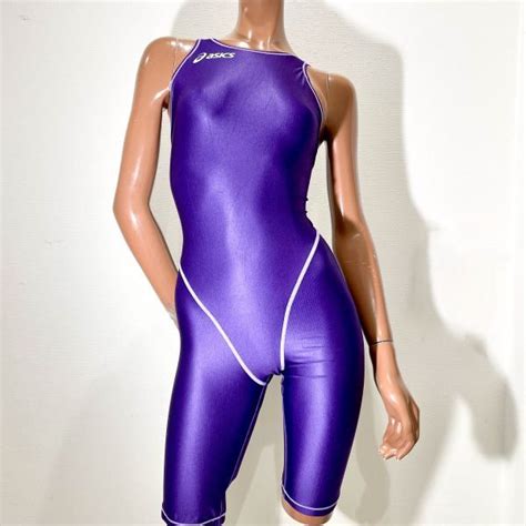 【中古】38アシックス女子競泳水着l★スプラッシャーals428★薄地★超光沢パープル★ハーフスパッツオープンバック★fina承認の落札情報