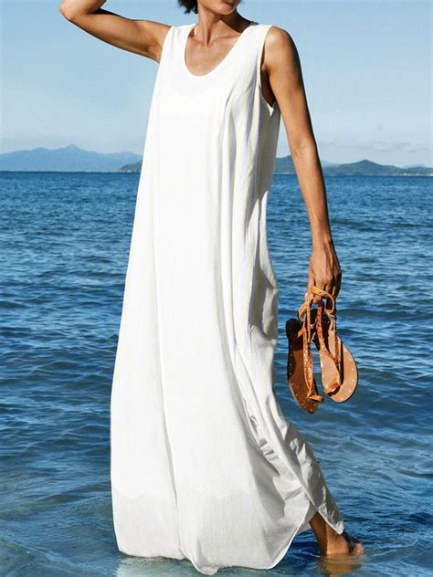 Summer Plus Size Sleeveless U Neck Linen Maxi Knitting Dress Clothing