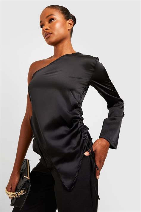 Tall Satin One Shoulder Asymmetric Ruched Top Boohoo