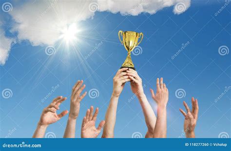 Winning Team Raise Trophy Cup With Digital Background Digital A Stock