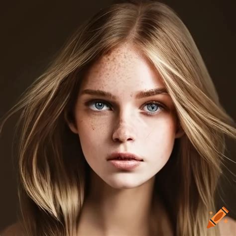 Beautiful Young Woman Shoulder Length Dark Blonde Hair Very Light Freckles