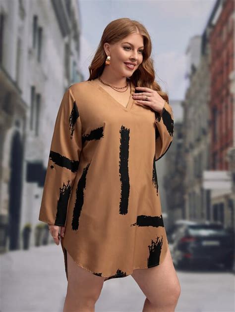 Shein Lune Plus Brush Print Notched Neckline Curved Hem Dress Shein Usa