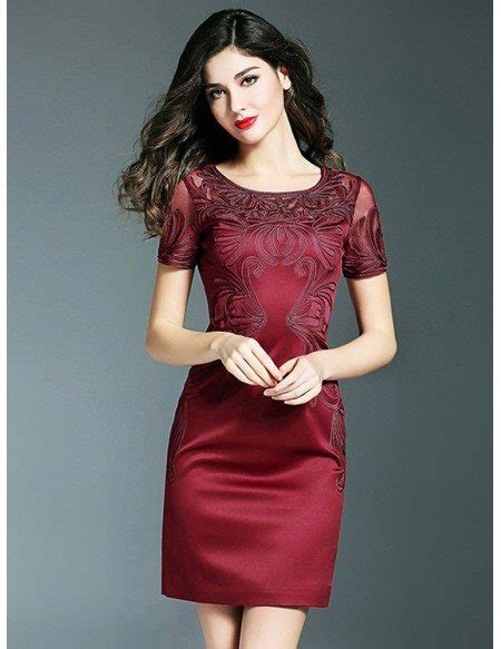 simple burgundy cocktail wedding party dress with sleeves embroidery