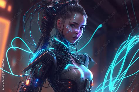 Cyborg Girl In Neon Style Robot Woman Ai Generated Stock Illustration