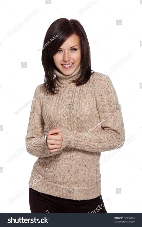 Beautiful Sexy Young Brunette Woman Wearing Knitted Brown Sweater