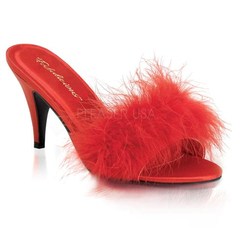 Pleaser Amo03 R Sat 3 Red Marabou Feather Satin Slides Heels Slippers
