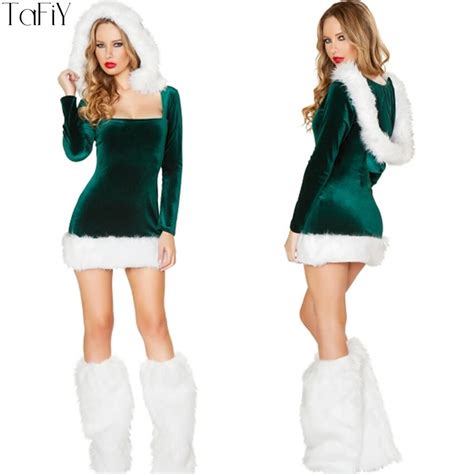 Tafiy Sexy Xmas Party Adult Women Santa Green Cosplay Costume Long