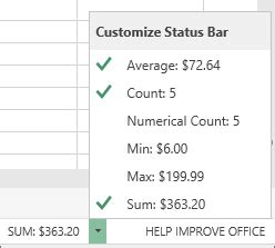 view summary data on the status bar excel