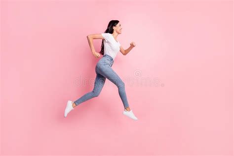 Full Size Profile Photo Of Optimistic Brunette Lady Jump Go Wear T