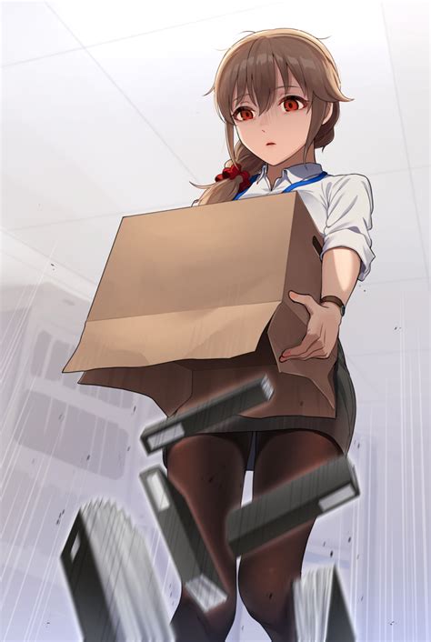 Safebooru 1girl Accident Black Pantyhose Black Skirt Box Brown Hair