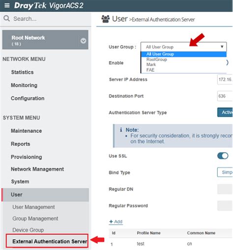 configure external authentication server for acs login credentials
