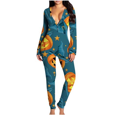 Mchoice Halloween Pajamas Women One Piece Pajamas Butt Button Back Flap