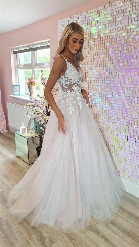 Brooklyn Blush Pink V Neck Laced Detail Bodice Ball Gown Formal Prom D
