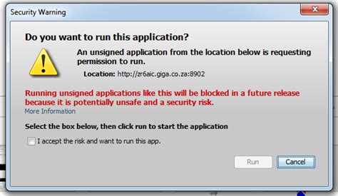 zr6aic application blocked by security settings java