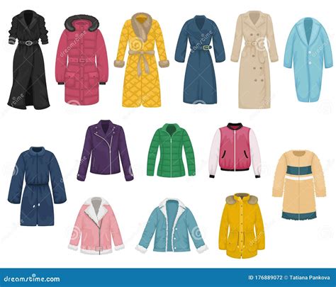 Set Of Flat Vector Women`s Outerwear Trench Coat Raincoat Overcoat