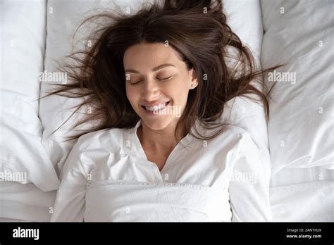 Head Shot Smiling Beautiful Woman Wearing Pajamas Sleeping In Bed Stock