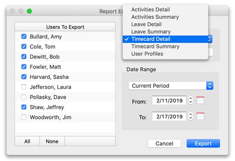 exporting data from virtual timeclock