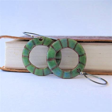 Sgraffito Donut Enameled Copper Earrings In Green And Blue Etsy