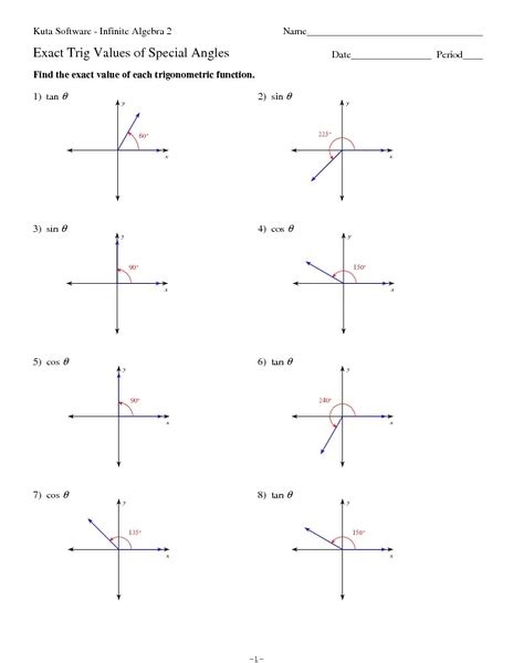 Exact Trig Values Of Special Angles Worksheet For 10th 12th Grade