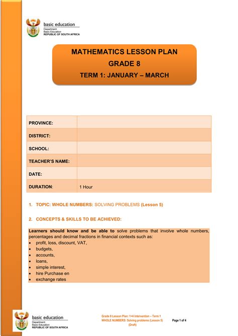 Grade 5 Mathematics Lesson Plans