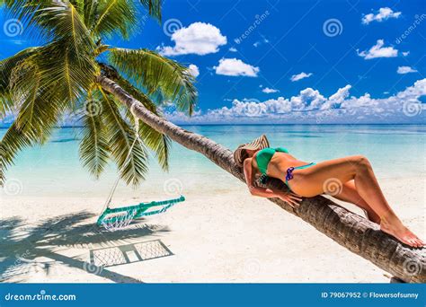 Woman In Bikini Under Palm Tree On Sea Background In Maldives Stock
