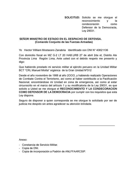 Solicitud Defensor De La Democracia Ffaa Solicitud Solicito Se Me