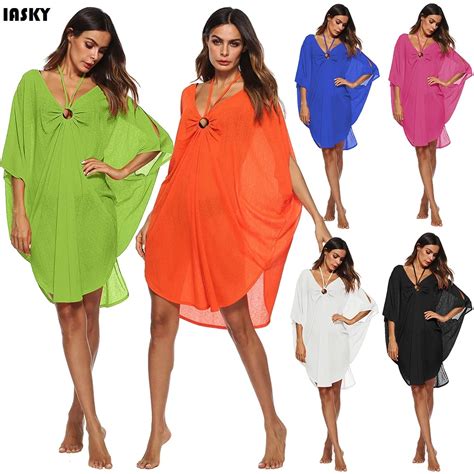 Iasky Sexy Solid Swimsuit Cover Up Beachwear Loose V Neck Bathing Suit