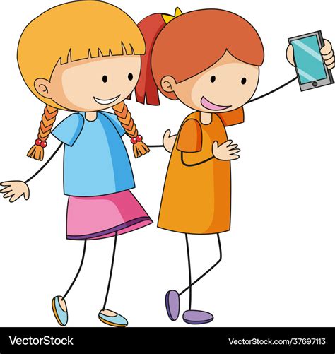 Two Girls Cartoon Character Taking A Selfie Vector Image