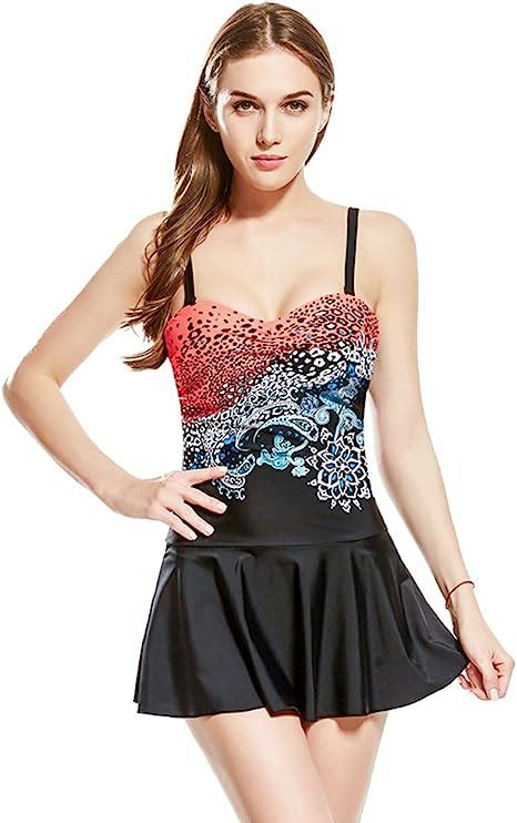 Womens One Piece Floral Swimming Costumes Swimwear With Skirt Ladies