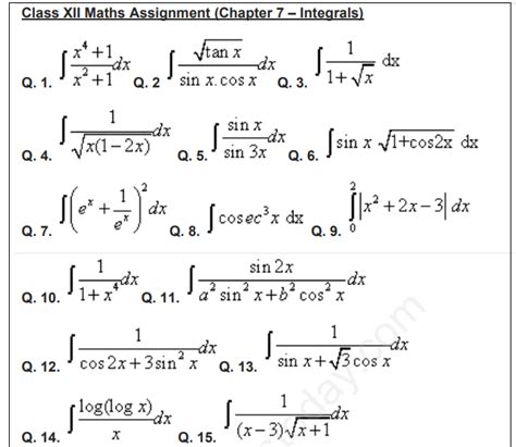 cbse class 12 mathematics integrals assignment set c