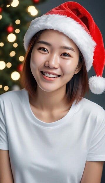 Premium Ai Image Portrait Asian Woman With Christmas Santa Hat And