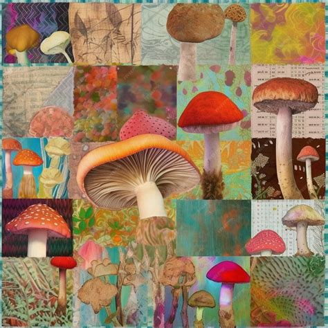 Premium Ai Image A Close Up Of A Patchwork Quilt With Mushrooms And