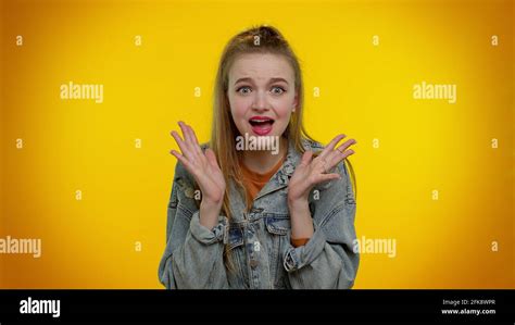 Scared Girl Screams From Stress Tension Problems Feels Horror