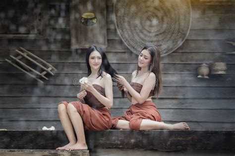 Thai Traditional Uniform Dress Woman Wearing Typical Thai Dress Stock