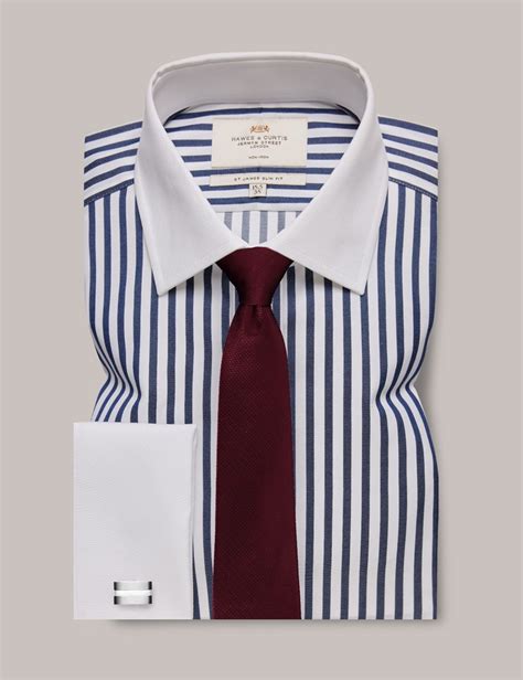 Non Iron Navy And White Bold Stripe Slim Fit Shirt With White Collar And