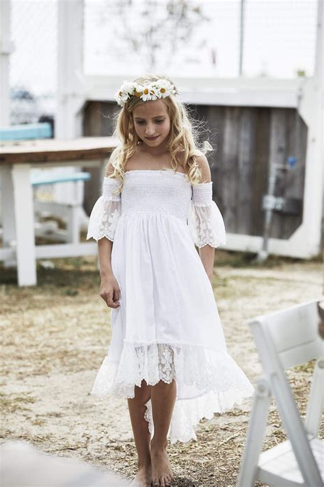 White Maya Dress With Lace Sleeves Flower Girl Dresses Boho Flower