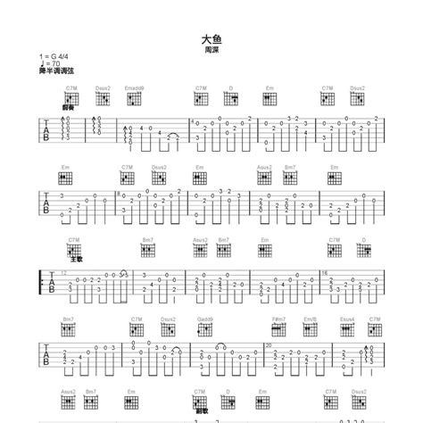 周深《大鱼吉他谱》c调独奏六线谱（编配还原超高）