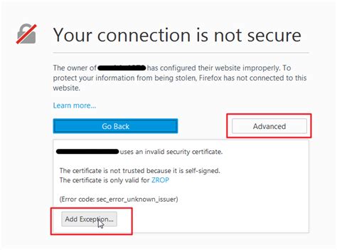 your connection is not secure ssl error adding browser exception