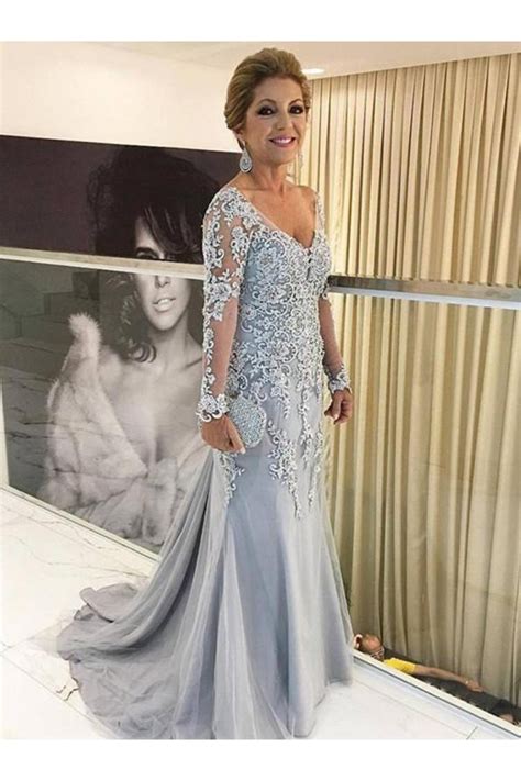 Long Sleeves V Neck Lace Mother Of The Bride Dresses 602050 In 2020