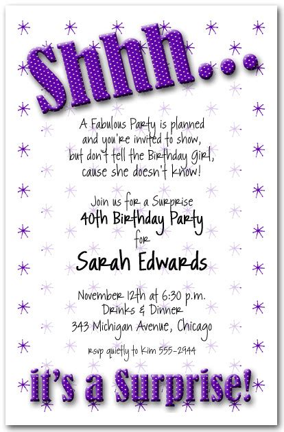 Shhh Purple Polka Dot Surprise Party Invitations Surprise Birthday