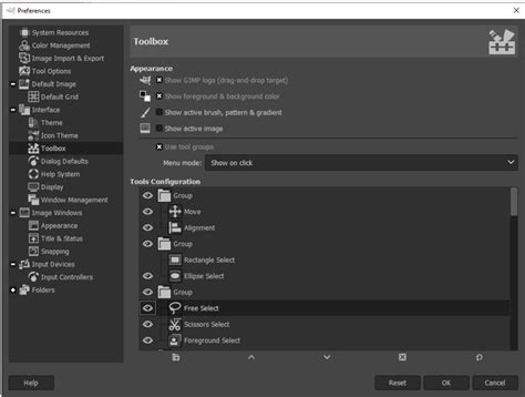 gimp toolbox creating a single column layout for toolbox