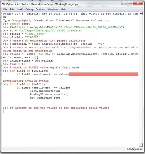 debugging arcpy script to search get value compare to field names and