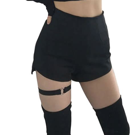 Chic Ring Garter Skinny Shorts High Waist Women Summer Black Goth Girls